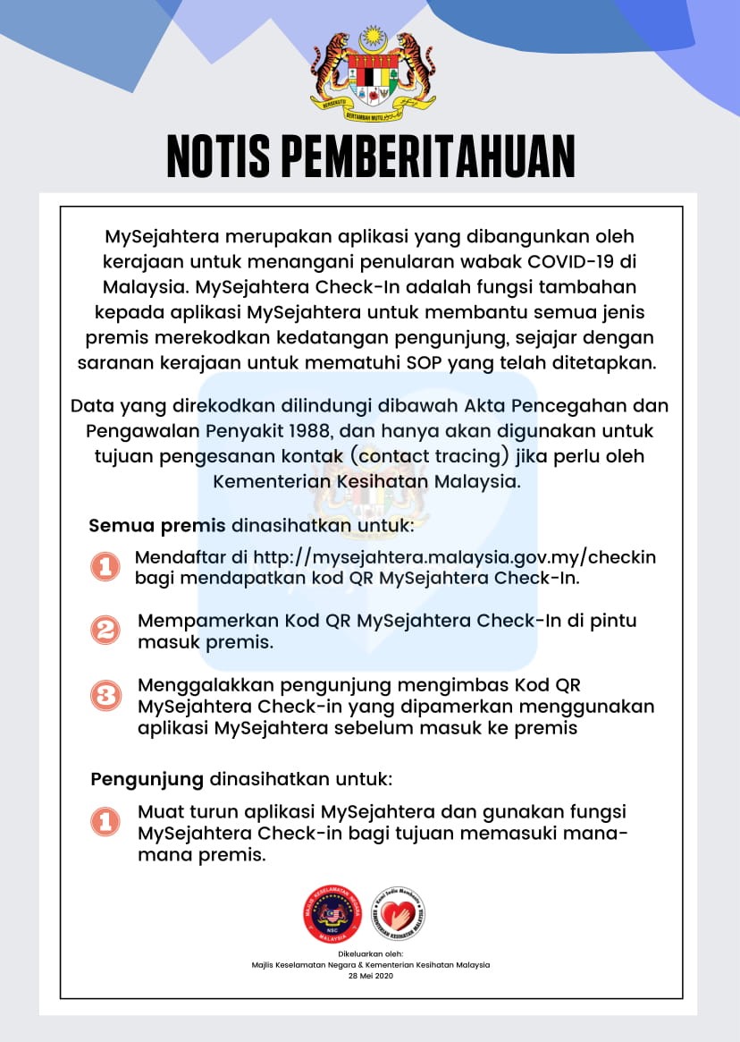Aplikasi MySejahtera : Notis Pemberitahuan. – NADI Kampung Baru Nelayan
